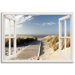 Wandbild Artland "Fensterblick Nordseestrand auf Langeoog" Bilder Gr. B/H: 130 cm x 90 cm, Leinwandbild Fensterblick Querformat, 1 St., weiß Kunstdrucke