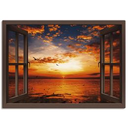 Wandbild Artland "Fensterblick Sonnenuntergang am Strand" Bilder Gr. B/H: 100 cm x 70 cm, Leinwandbild Fensterblick Querformat, 1 St., braun Kunstdrucke
