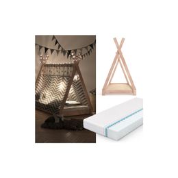 Vitalispa Kinderbett TIPI Indianer Bett Kinderhaus Holz Hausbett 90x200cm Natur + Matratze