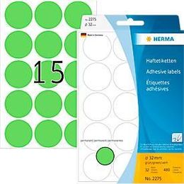 Herma Klebepunkte 2275, Ø 32 mm, selbstklebend, permanenthaftend, per Hand beschreibbar, 480 Stück auf 32 Blatt, FSC®-Papier, grün