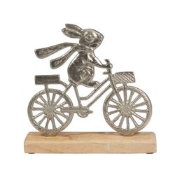 Kaufhaus le petit Osterhase Deko Metall Hase mit Fahrrad auf Holzsockel Osterhase Figur Skulptur
