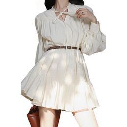 Orient Phoenix Sommerkleid Damen Weiß süß kurzer Minikleid mit Puffärmeln und V-Ausschnitt elegant Lose Langärmliges Rüschen Swing-Faltenkleid mit Gürtel
