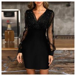 AFAZ New Trading UG Spitzenkleid Langarm Kleid Damen Elegante Pailletten Kleid Kurze Eng Spitzen (Langärmliges Kleid aus Mesh mit V-Ausschnitt Pailletten schmaler Rock) Damen Figurbetontes Ärmel Partykleid Moden Hohe Taille Wickelkleider