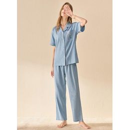 ZWY Spitzenkleid Frühling und Herbst einfarbiges Revers-Kurzarm-Pyjama-Set