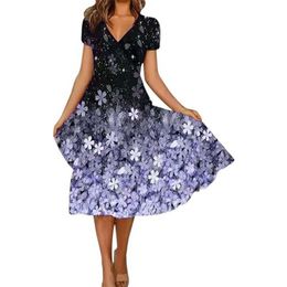 FIDDY Blusenkleid Sommerkleider Damen Kurzarm Lässig V-Ausschnitt Blumendruck Kleid