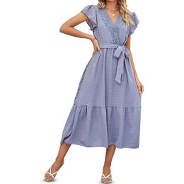 FIDDY Blusenkleid Damen Sommerkleid V Ausschnitt Elegant Kleid Gepunktete Fliegenärmel