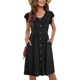 FIDDY Blusenkleid Damen Sommerkleider V-Ausschnitt Casual Swing Midi Kleid mit Taschen