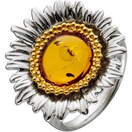 CH.ABRAMOWICZ Silberring Sonnenblumen Ring Silber 925 Gelbgold vergoldet brauner Bernstein (1-tlg)