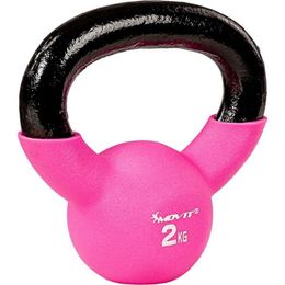 Movit® Kettlebell - 2 kg, Neopren, Gusseisen, Einzeln, Bodenschonend, flacher Boden, für Zuhause, Rosa - Kugelhantel, Schwunghantel, Kugelgewicht,