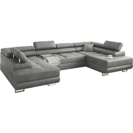 Ecksofa Miami U Eckcouch mit Schlaffunktion und Bettkasten, 338 x 203 cm Grau