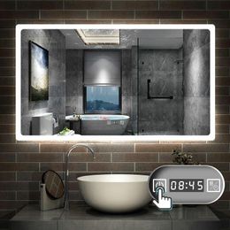 AICA SANITAIRE Badspiegel mit Beleuchtung Badezimmerspiegel Wandspiegel Wasserdicht Wandmontagespiegel Lichtspiegel 140 x 80 cm Beschlagfrei Uhr Kaltweiß Helligkeit