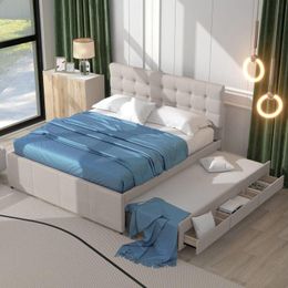 Polsterbett Doppelbett Familienbett mit drei Schubladen - Komfort und Funktionalität für Ihr Schlafzimmer, Beige - Merax