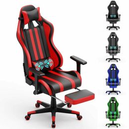 Massage Gaming Stuhl Höhenverstellbar, Bürostuhl Ergonomisch mit Fußstütze, Massage-Lendenkissen, Kopfkissen und Armlehnen, 360° Drehbar Gaming