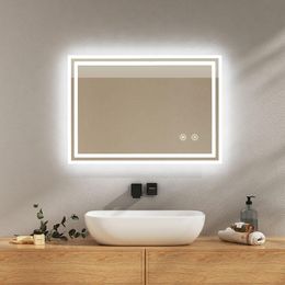 Badspiegel mit Touch 6500K LED-Beleuchtung eckig, Beschlagfrei, Helligkeit Einstellbar, Memory-Funktion, Horizontal&Vertical 70 x 50 cm - Emke