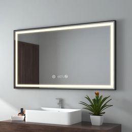 Badspiegel mit Beleuchtung 120x70cm Badspiegel Schwarzer Rand led Badezimmerspiegel mit Touch, Antibeschlage, Uhr, Temperatur, Dimmbar,