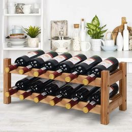 Goplus - Weinregal mit 2 Ebenen für 12 Wein-Flaschen, Kleiner Weinflaschenhalter aus natürlichem Bambus, Flaschenregal mit Groesse 62x24x25cm,