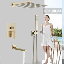 Duschsystem Unterputz Duscharmatur Set Gebürstet Gold 12 Zoll Regendusche Duschset mit Kopfbrause Handbrause 3 Funktionen für Badewannen