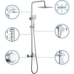 Auralum Duschset Quadrat Duschsäule Duschsystem, Chrom Regendusche Duschset mit Kopfbrause eckig und Handbrause, Höhenverstellbare Duschstange für Dusche und