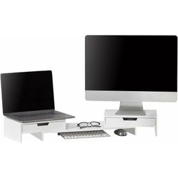 sobuy - BBF04-W Design Monitorerhöhung für 2 Monitore Monitorständer Bildschirmständer Notebookständer Schreibtischaufsatz mit 2 Schubladen
