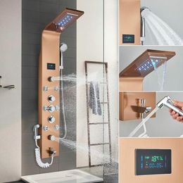 Neu Luxus Schwarz/Gebürstet Badezimmer Dusche Wasserhahn led Duschpaneel Spalte Badewanne Mischbatterie Mit Handbrause Temperaturanzeige,Roségold