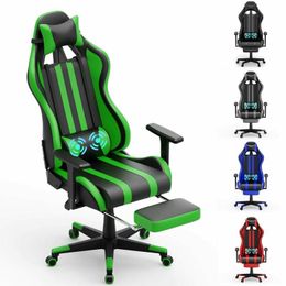 Massage Gaming Stuhl Höhenverstellbar, Bürostuhl Ergonomisch mit Fußstütze, Massage-Lendenkissen, Kopfkissen und Armlehnen, 360° Drehbar Gaming