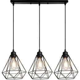 Pendelleuchte Schwarz, 3 Flammig Vintage-Kronleuchter in Diamant Form, Industrielle Hängelampe mit Käfig E27-Fassung für Schlafzimmer Wohnzimmer