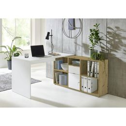 Eckschreibtisch Lena (mit abschließbarer Tür, Winkelschreibtisch, Homeoffice, Bürotisch) in weiß/ Artisan Eiche - Weiß - Bmg Möbel