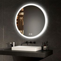 Emke - Badspiegel mit Beleuchtung Badezimmerspiegel Wandspiegel, Stil 1, ф70cm, Runder Spiegel mit Touch, 3 Lichtfarben Dimmbar, Beschlagfrei