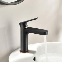 Auralum Wasserhahn Bad Schwarz, Waschbecken Armaturen mit Ersetzbare Belüfter, Mischbatterie Einhebelmischer für Badezimmer, mit Rose Gold Akzent Oberfläche