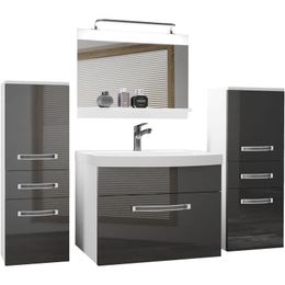 Badezimmer Badmöbel Set Vollausstattung mit Waschbecken Unterschrank Waschtisch Spiegel Lampe Möbel Grau Glänzend - Belini