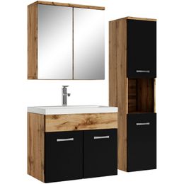 Badplaats Badezimmer Badmöbel Set Montreal mit Spiegelschrank 60cm Waschbecken Eiche mit Schwarz - Unterschrank Hochschrank Waschtisch Möbel - Eiche mit matt