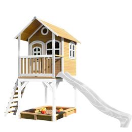 AXI - Spielhaus Sarah mit Sandkasten & weißer Rutsche Stelzenhaus in Braun & Weiß aus fsc Holz für Kinder Spielturm mit Wellenrutsche für den Garten