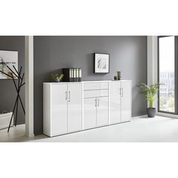 Abschließbare Regalwand/Schrankwand, Office Edition Set 15, weiß / weiß hochglanz - Weiß - Bmg Möbel