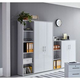 Abschließbare Regalwand/Schrankwand, Office Edition Set 4, grau/ weiß hochglanz - Grau - Bmg Möbel