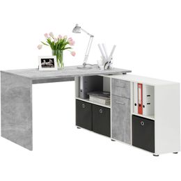 Eckschreibtisch FMD "Lex, Schreibtisch / Sideboard" Tische Gr. B/H/T: 136 cm x 74 cm x 66,5 cm, grau (betonfarben, weiß) Eckschreibtische