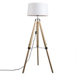 Qazqa Stehleuchte im Landhausstil mit weißem Leinenschirm 45 cm - Tripod - Braun