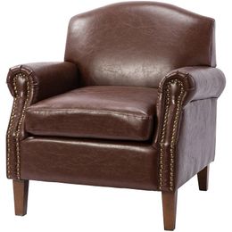 Kunstleder Stuhl mit Retro-Holz Beine Comfy gepolsterte Sessel mit Nagelkopf Trim Single Sofa Stuhl für Wohnzimmer Schlafzimmer, Braun