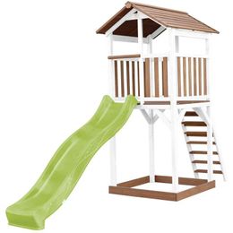 Beach Tower Spielturm aus Holz in Braun & Weiß Spielhaus für Kinder mit hellgrüner Rutsche und Sandkasten Stelzenhaus für den Garten - Braun - AXI