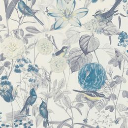 A.S. Création Vlies Blumentapete mit Vogel | Romantische Tapete mit Vögel und Blumen Muster | Vintage Vliestapete mit Lilien blau weiß für Schlafzimmer und