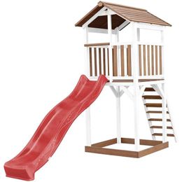 Beach Tower Spielturm aus Holz in Braun & Weiß Spielhaus für Kinder mit roter Rutsche und Sandkasten Stelzenhaus für den Garten - Braun - AXI