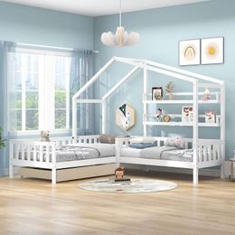 Kinderbett 90x200cm/140x70cm mit Rausfallschutz, Schubladen und Regalen, L-Struktur Hausbett Kiefernholzbett für 2 Kinder - Merax