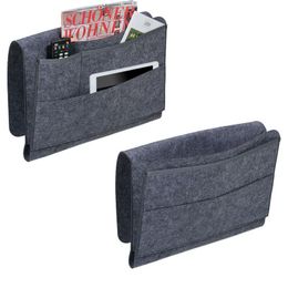 Betttasche, 2er Set, 4 Fächer, Klettverschluss, Aufbewahrung für Bett & Sofa, Bett Organizer, Filz, dunkelgrau - Relaxdays