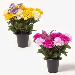 Homescapes - 2er-Set Künstliche Grabblumen – Nelken mit Schmetterling im Topf, pink & gelb - Gelb & Pink