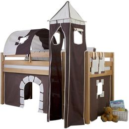 Relita Halbhohes Spielbett Alex mit Vorhang, 1-er Tunnel, Turm und Tasche, Buche massiv, natur lackiert