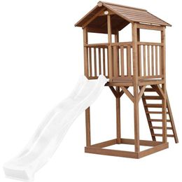 Beach Tower Spielturm aus Holz in Braun Spielhaus für Kinder mit weißer Rutsche und Sandkasten Stelzenhaus für den Garten - Braun - AXI