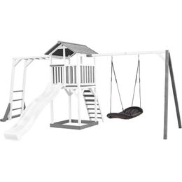 AXI Beach Tower Spielturm aus Holz in Weiß & Grau Spielhaus für Kinder mit weißer Rutsche, Klettergerüst, Roxy Nestschaukel und Sandkasten Stelzenhaus