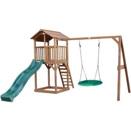 AXI Beach Tower Spielturm aus Holz in Braun Spielhaus für Kinder mit grüner Rutsche, Summer Nestschaukel und Sandkasten Stelzenhaus für den Garten