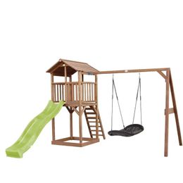 AXI Beach Tower Spielturm aus Holz in Braun Spielhaus für Kinder mit hellgrüner Rutsche, Roxy Nestschaukel und Sandkasten Stelzenhaus für den Garten
