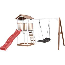 AXI Beach Tower Spielturm aus Holz in Braun & Weiß Spielhaus für Kinder mit roter Rutsche, RoxyRoxy Nestschaukel und Sandkasten Stelzenhaus für den