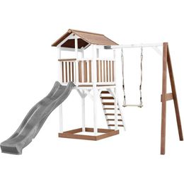 AXI - Beach Tower Spielturm aus Holz in Braun & Weiß Spielhaus für Kinder mit grauer Rutsche, Schaukel und Sandkasten Stelzenhaus für den Garten